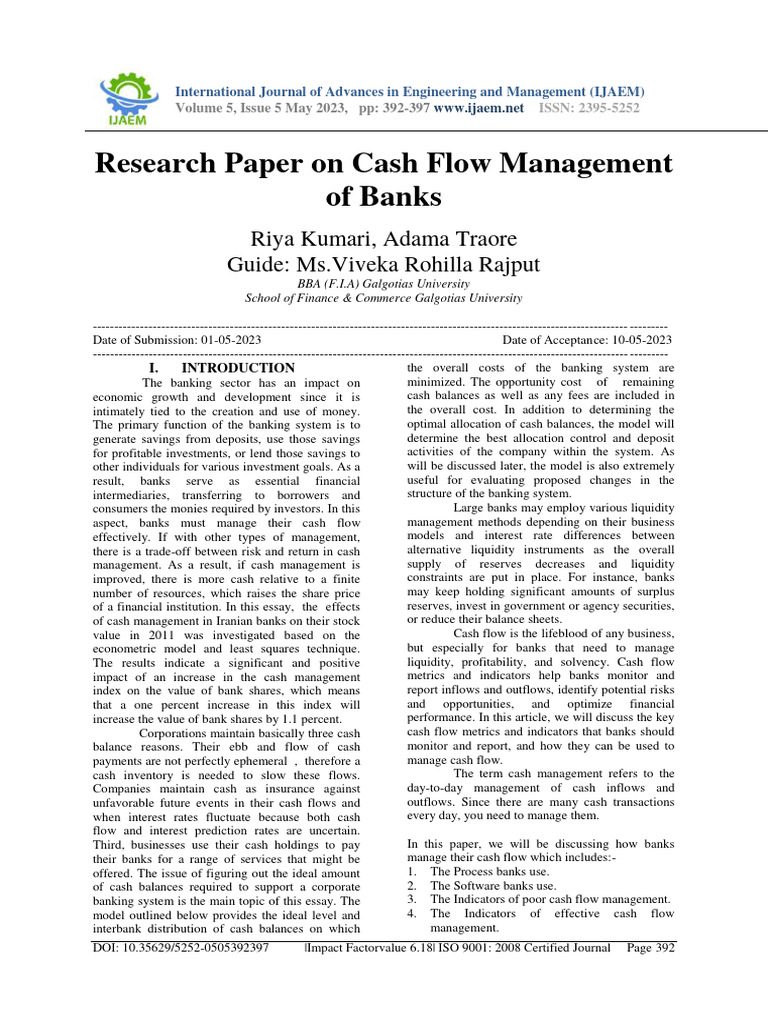 Research Paper On Cash Flow Management of Banks | PDF | Working Capital | Banks