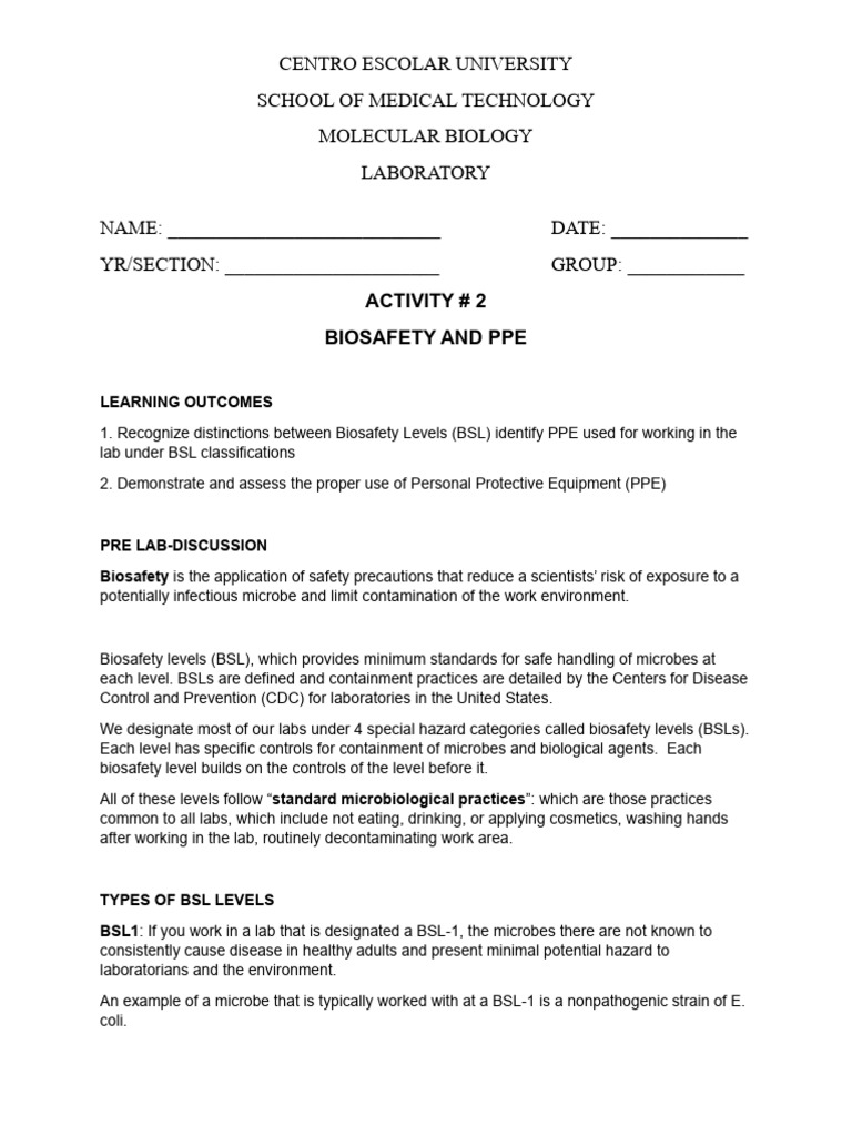 Activity 2 Biosafety and Ppe | PDF | Personal Protective Equipment | Public Health