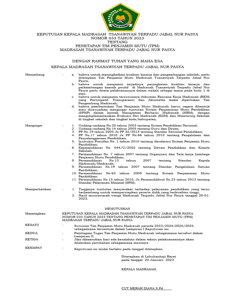 Contoh SK Tim Penjaminan Mutu | PDF