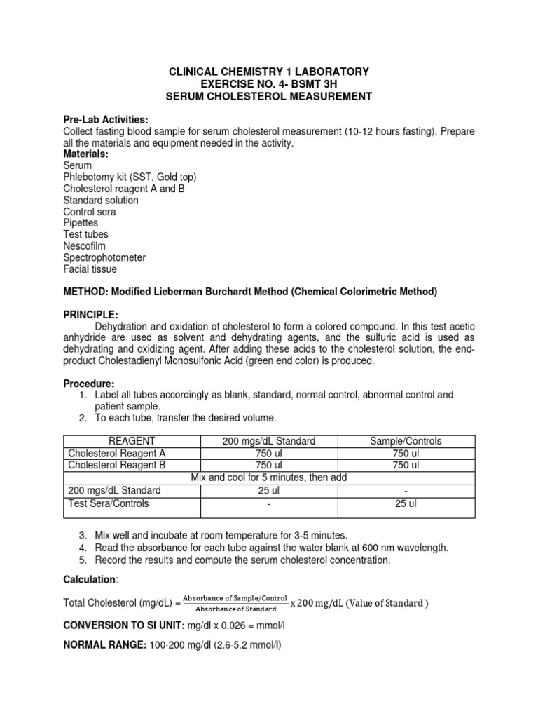 Exercise No. 4 - Serum Cholesterol Measurement Procedure and Answer ...