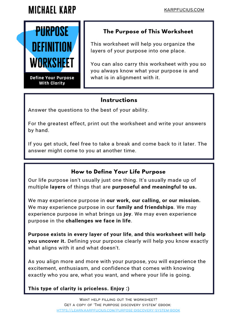 The Purpose Definition Worksheet by Michael Karp | PDF | Human ...