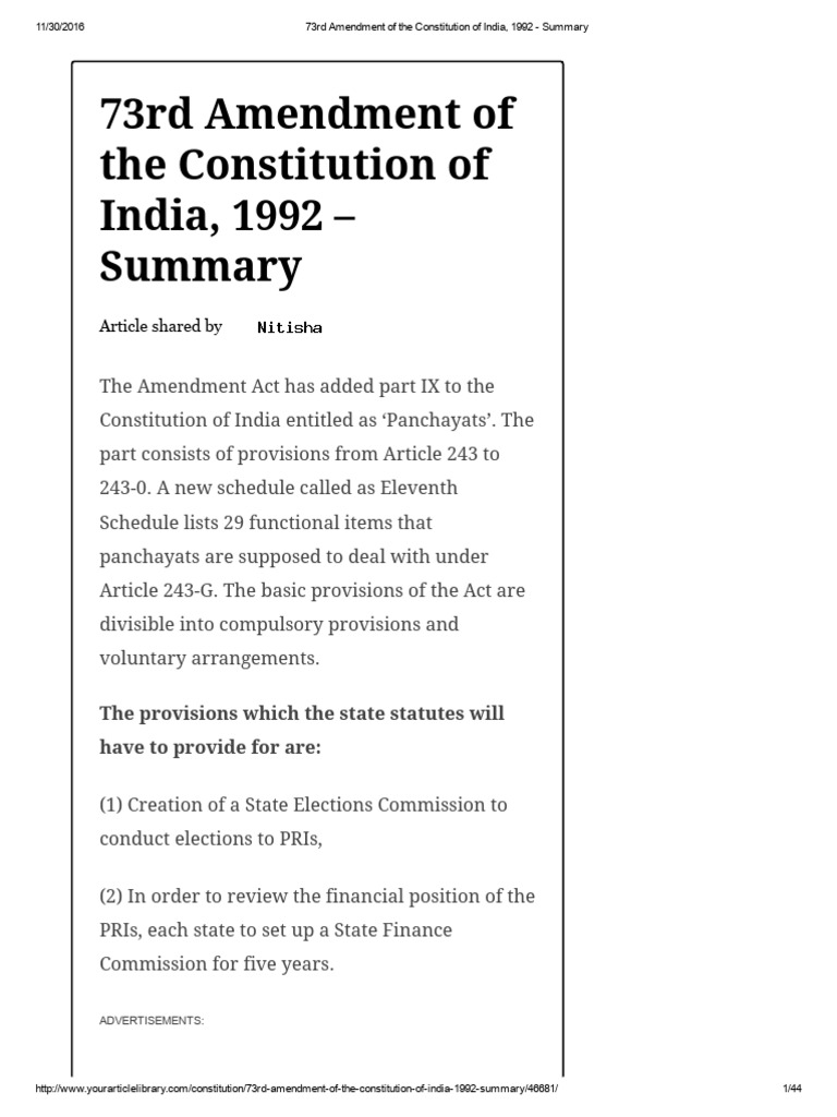 4 - 73rd CONSTITUTION AMENDMENT ACT | PDF | Governance | Government Of ...
