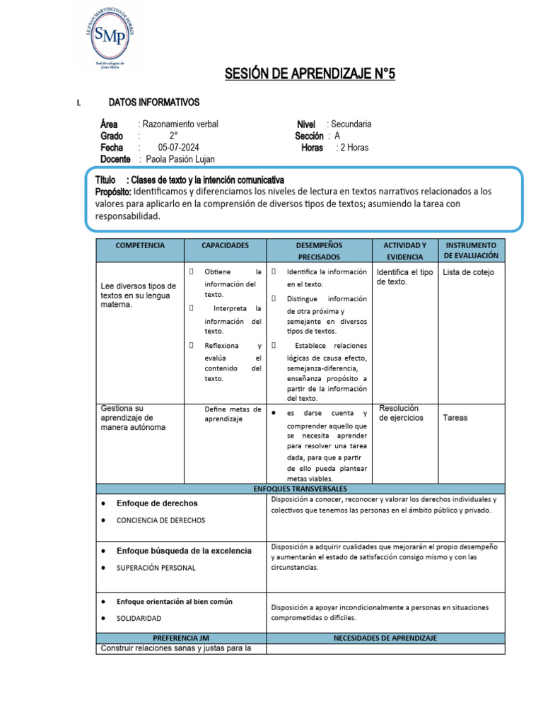 SESIÓN DE APRENDIZAJE N 6 segundo año | PDF | Aprendizaje | Evaluación