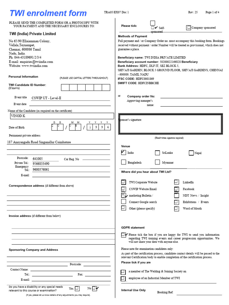 New - TWI India Enrolment Form From As Per Rev25 India | PDF ...