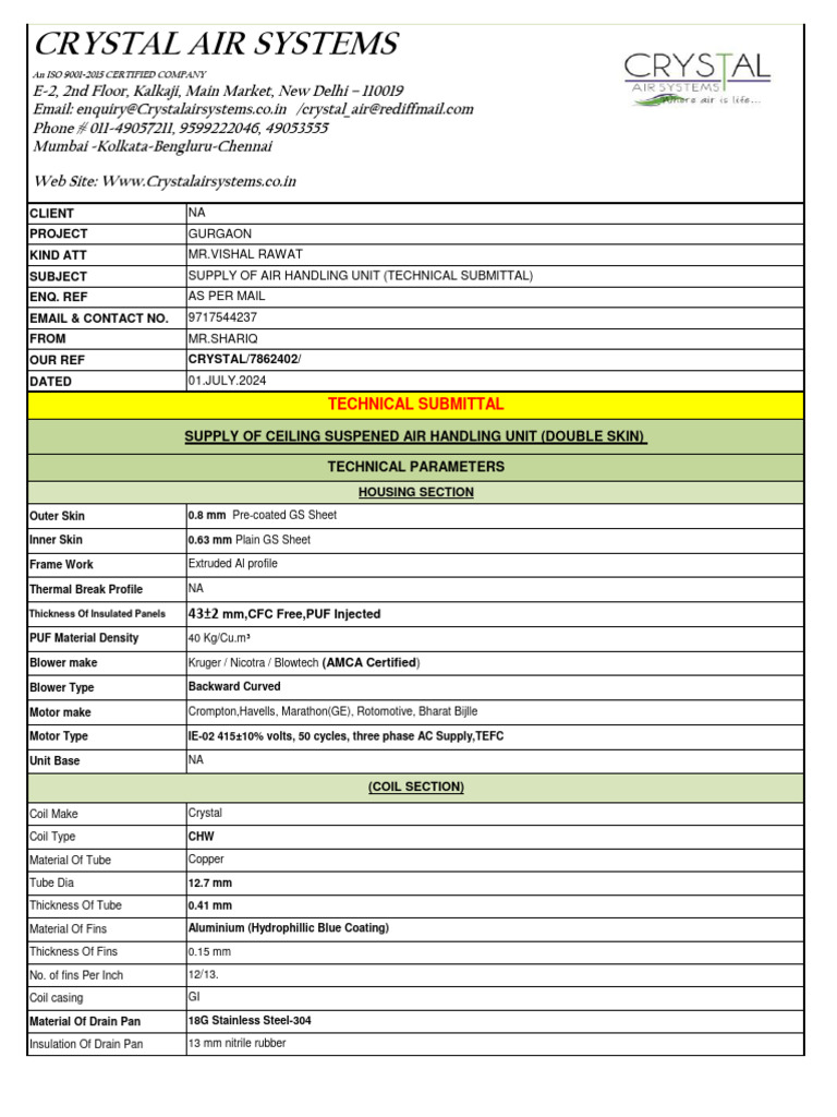 Technical Submittal For GGN Project-8000 CFM | PDF | Electrical ...
