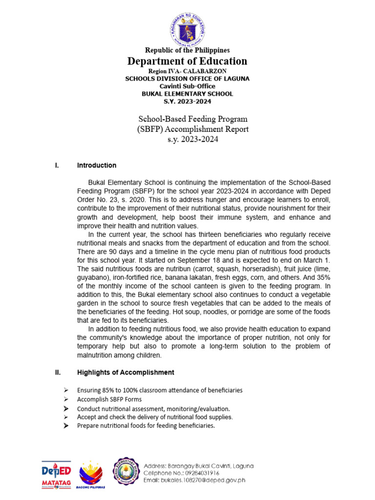 Sbfp Accomplishment Report 2023 | PDF | Foods | Nutrition