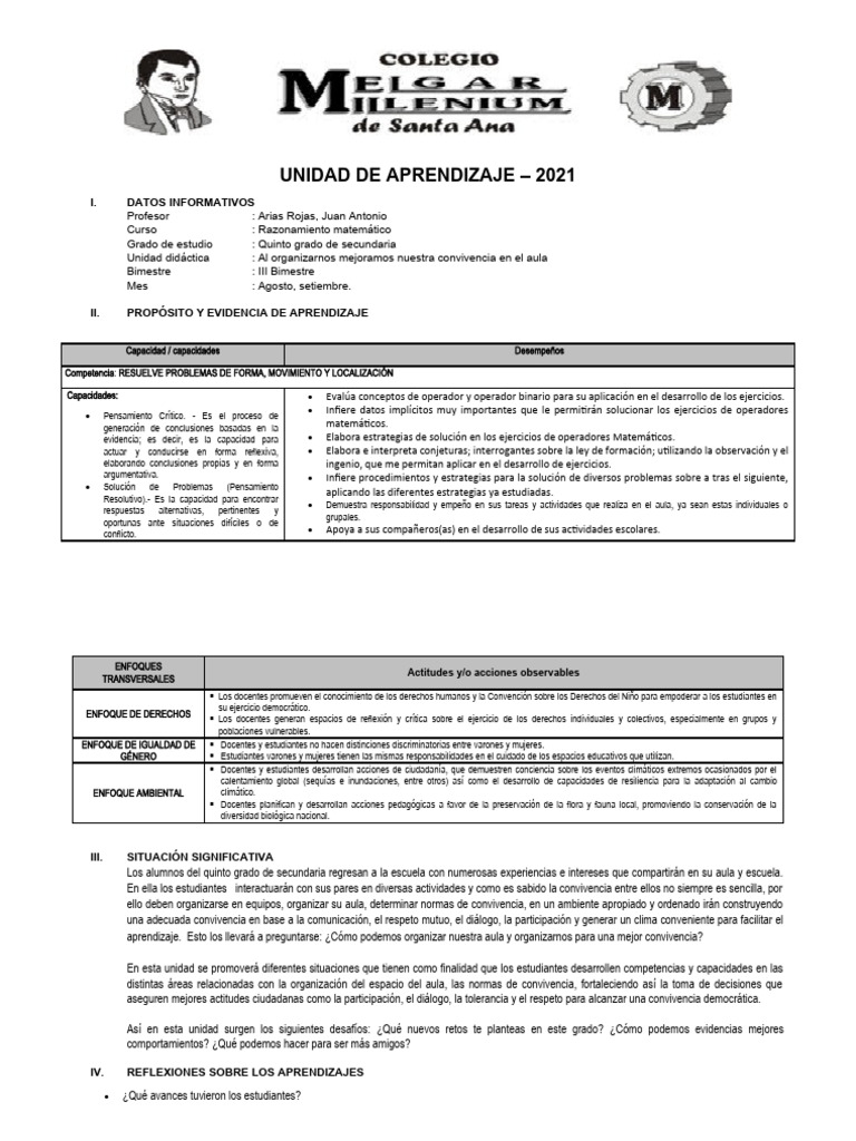 5s-Raz. Matemático-Unidad de Aprendizaje-III Bimestre | PDF | Enseñando | Salón de clases