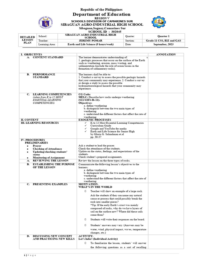 Earth and Life Science Lesson 6 Detailed Lesson Plan | PDF | Rock ...