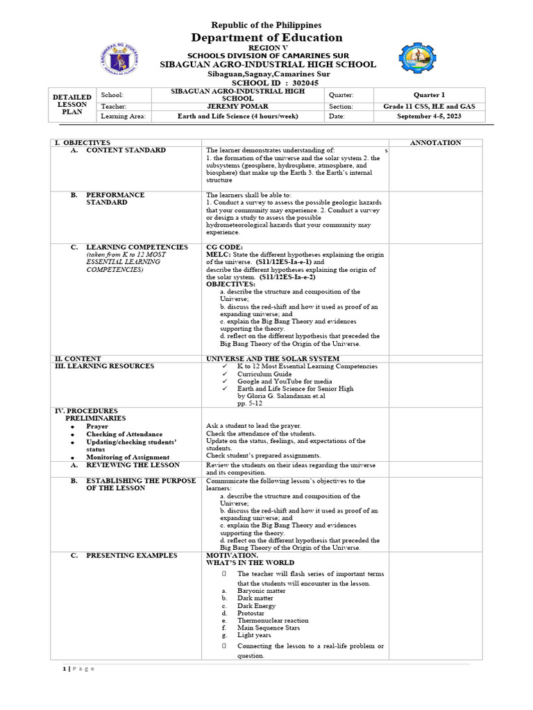 Earth and Life Science Lesson 1 Detailed Lesson Plan | PDF | Universe ...