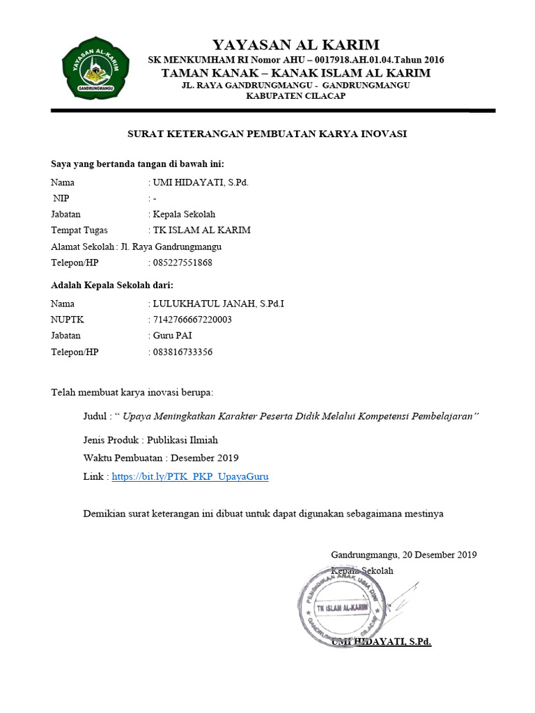 Surat Keterangan Karya Inovasi | PDF