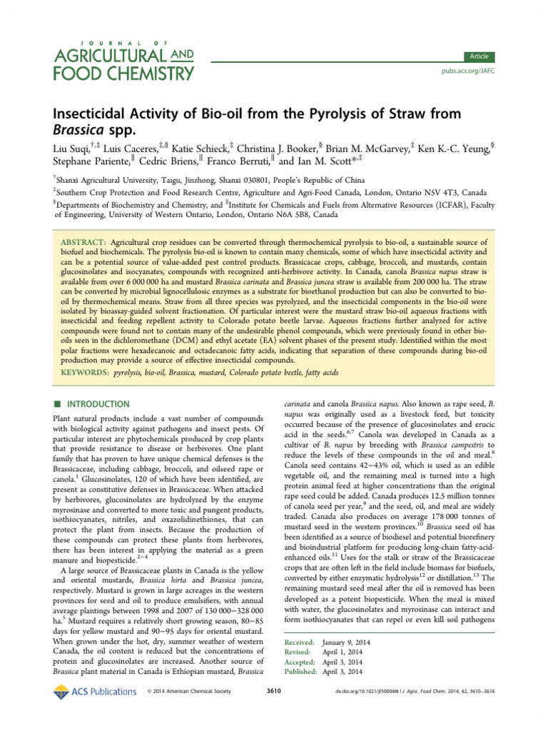 Insecticidal Bio-oil from Brassica Straw | PDF | Rapeseed | Pyrolysis