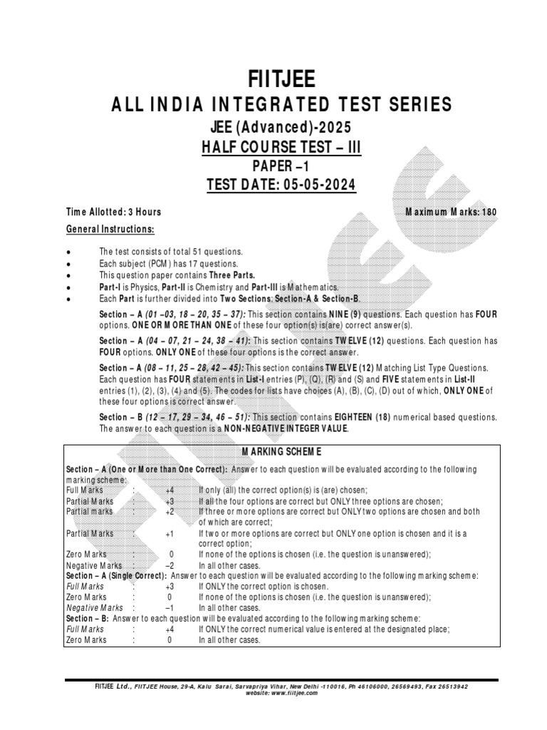 AIITS 2325 HCT III JEEA Paper 1 OFFLINE | PDF | Force | Momentum