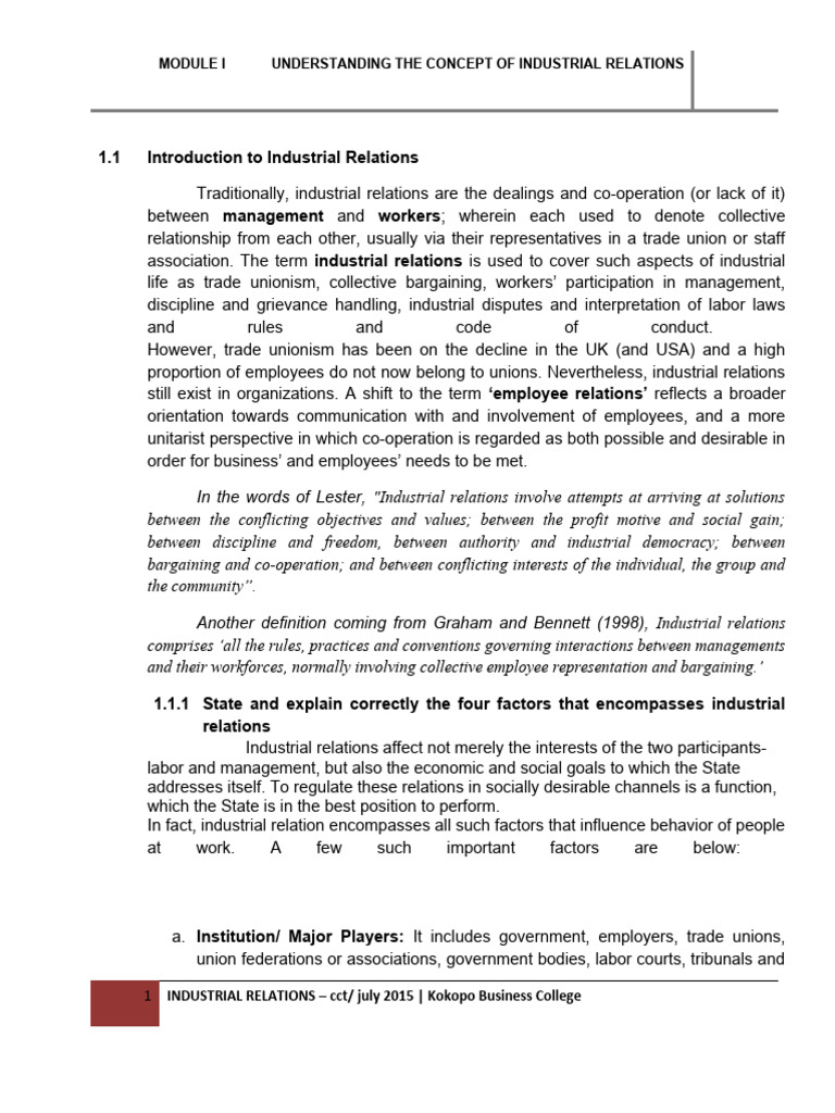 Module I Understanding The Concept Of Industrial Relations Pdf