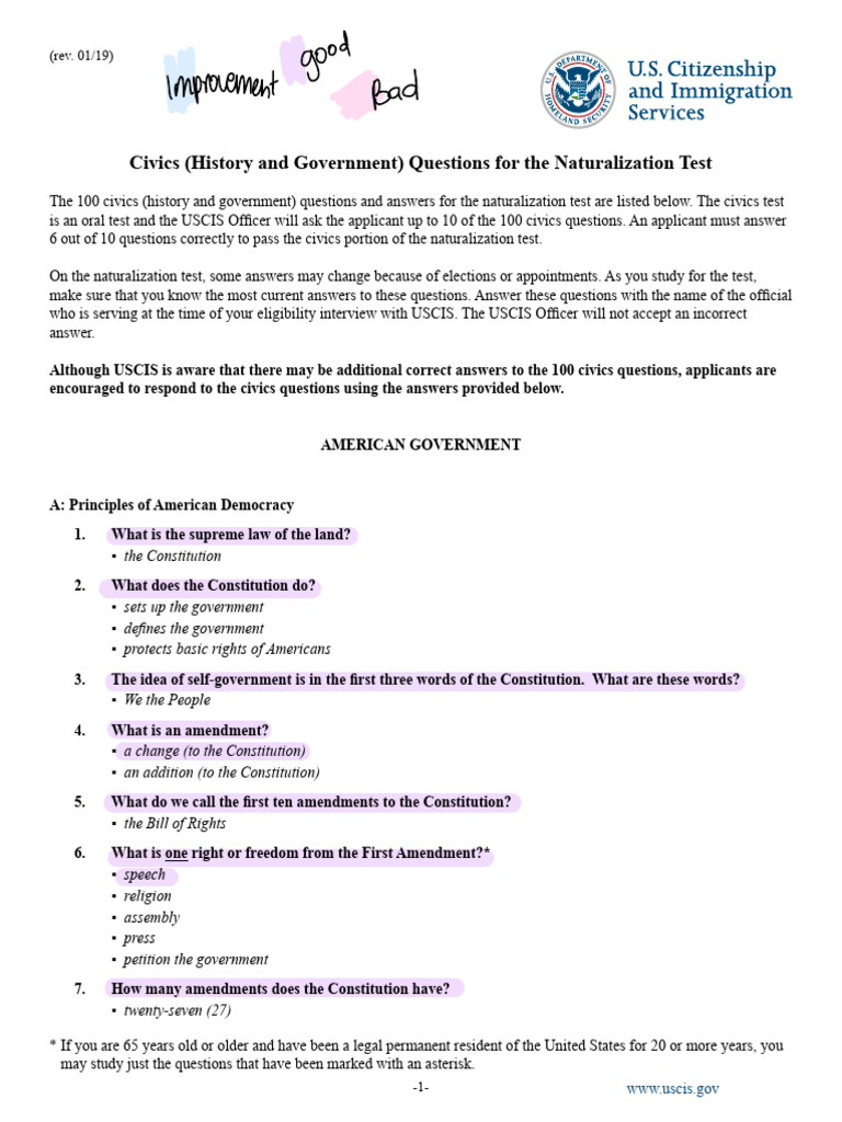 Civics Questions for Naturalization Test | PDF | Separation Of Powers ...