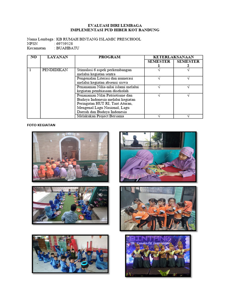 Evaluasi Diri Paud Hi KB Rumah Bintang Islamic Preschool | PDF