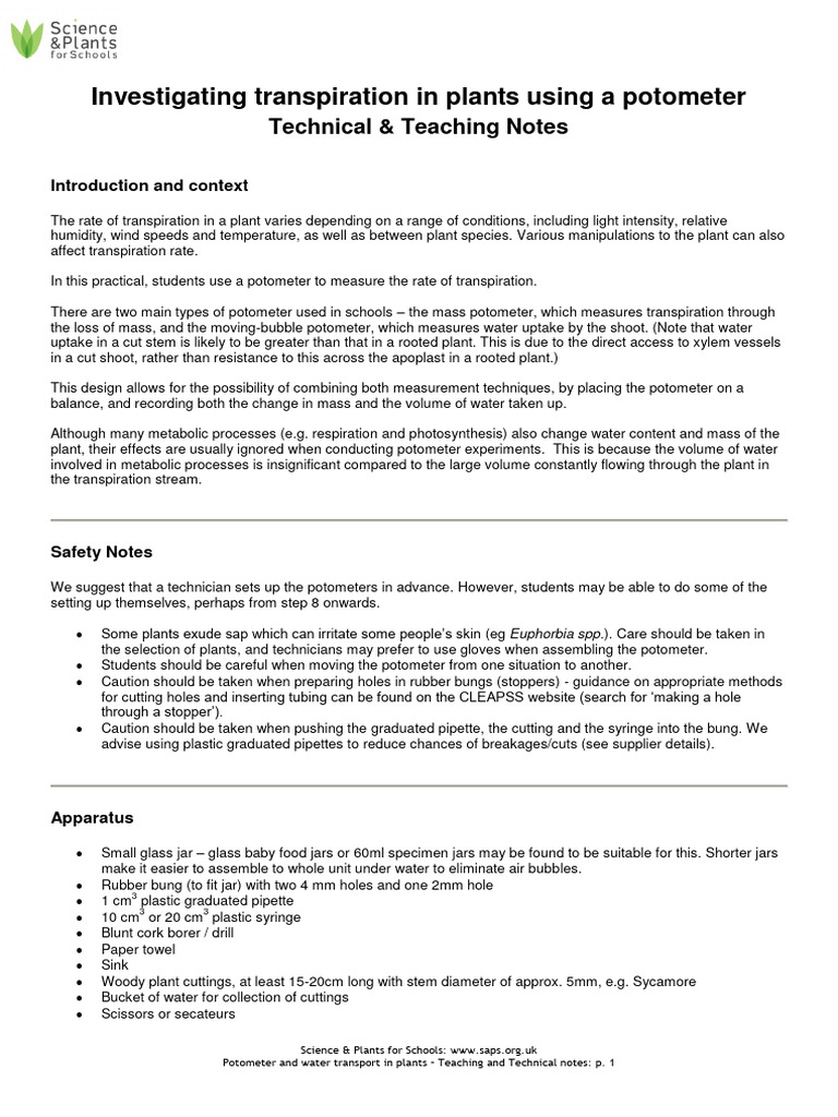 Investigating Transpiration in Plants Using A Potometer | PDF | Water ...