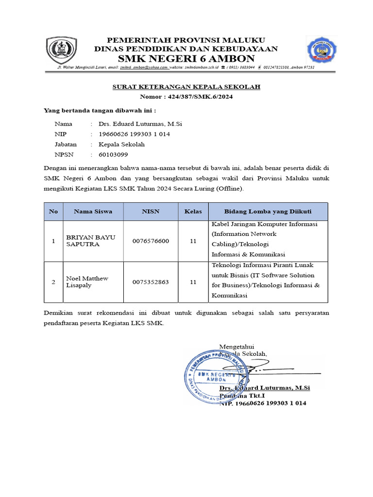 Surat Keterangan Kepsek | PDF