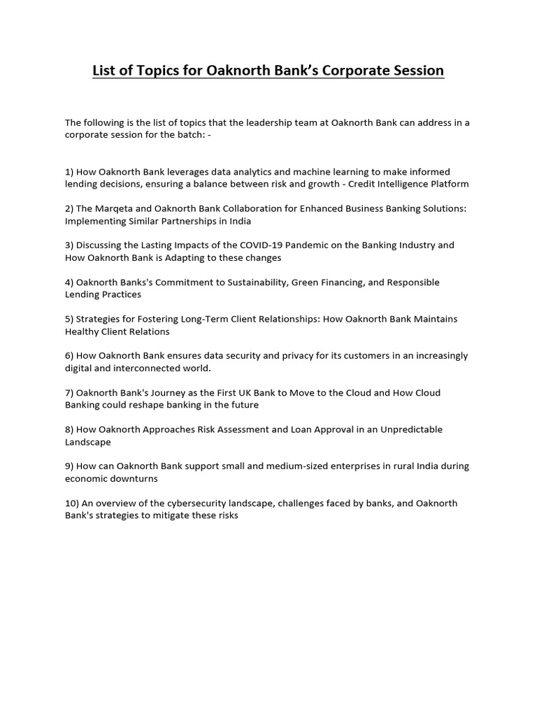 Oaknorth Bank Corporate Session Topics | PDF