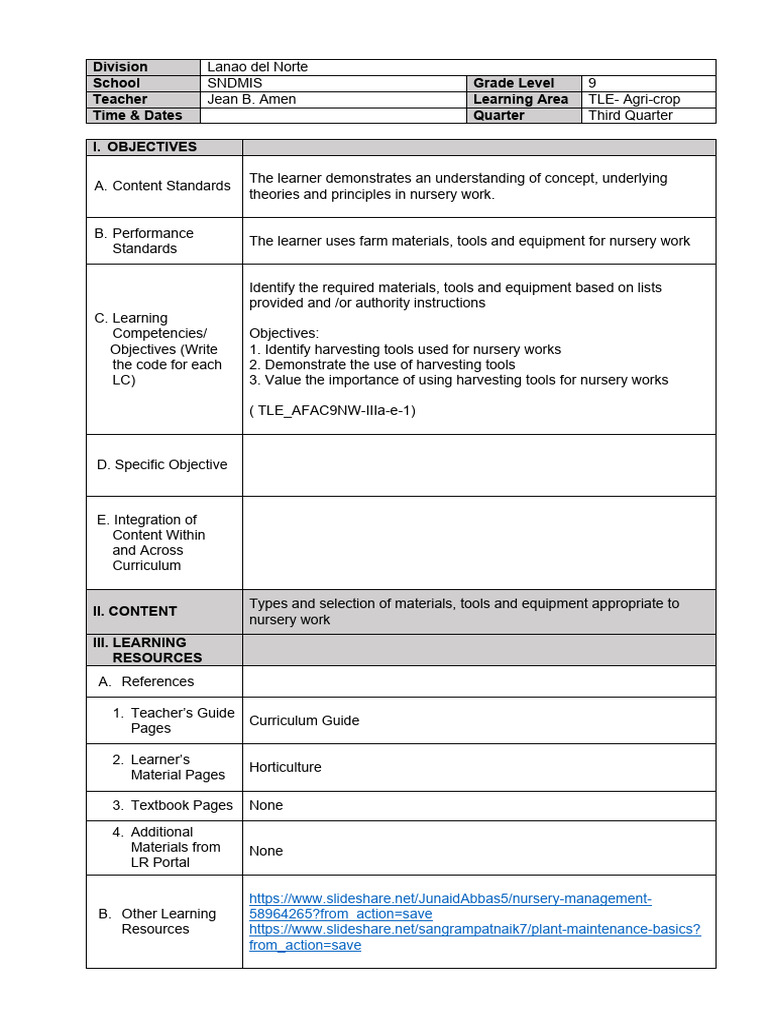 5-DLL-Template-TYPES-AND SELECTION-OF-MATERIALS-HARVESTING-TOOLS EDITED | PDF | Scissors | Learning