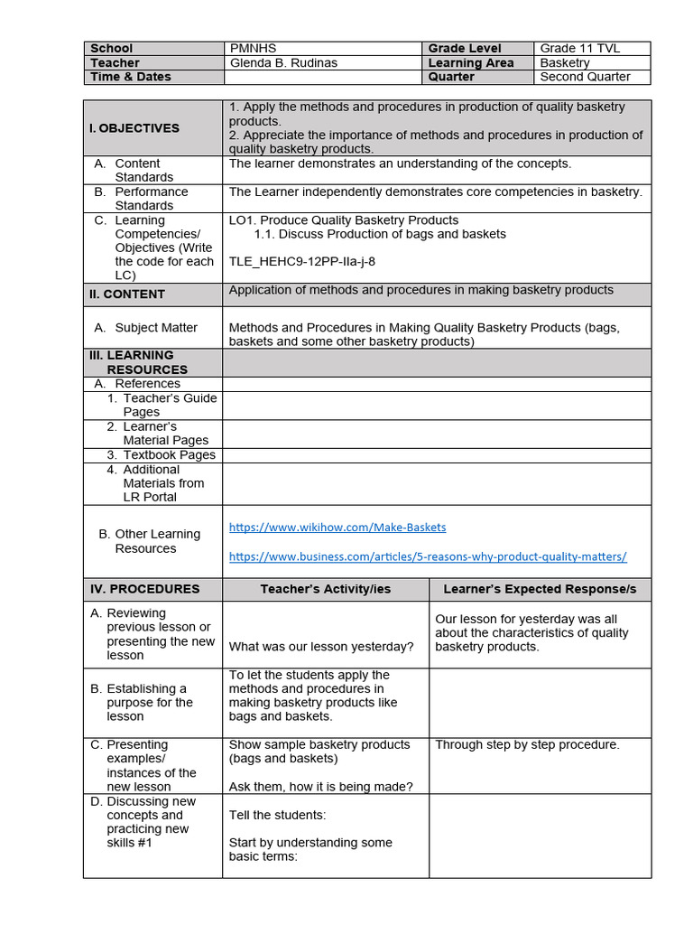 Basketry Grade 11 DLL RUDINAS PMNHS | PDF | Weaving | Learning