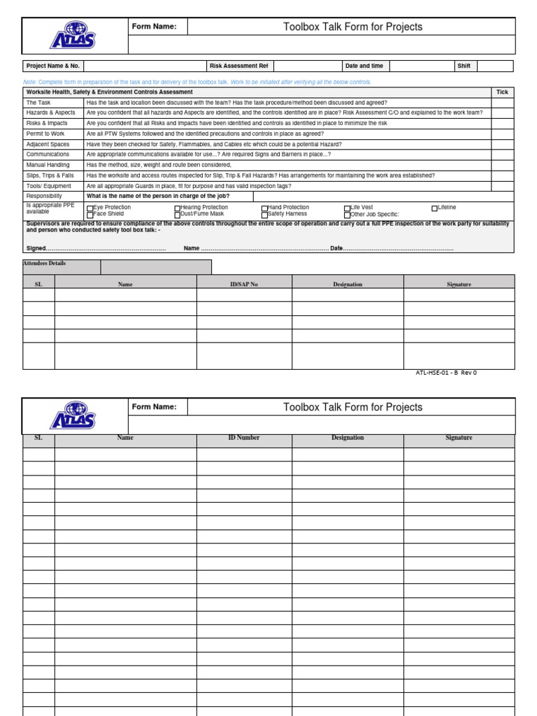 Atlas - Project Tool Box Talk Form - Atl-01-B | PDF | Occupational ...