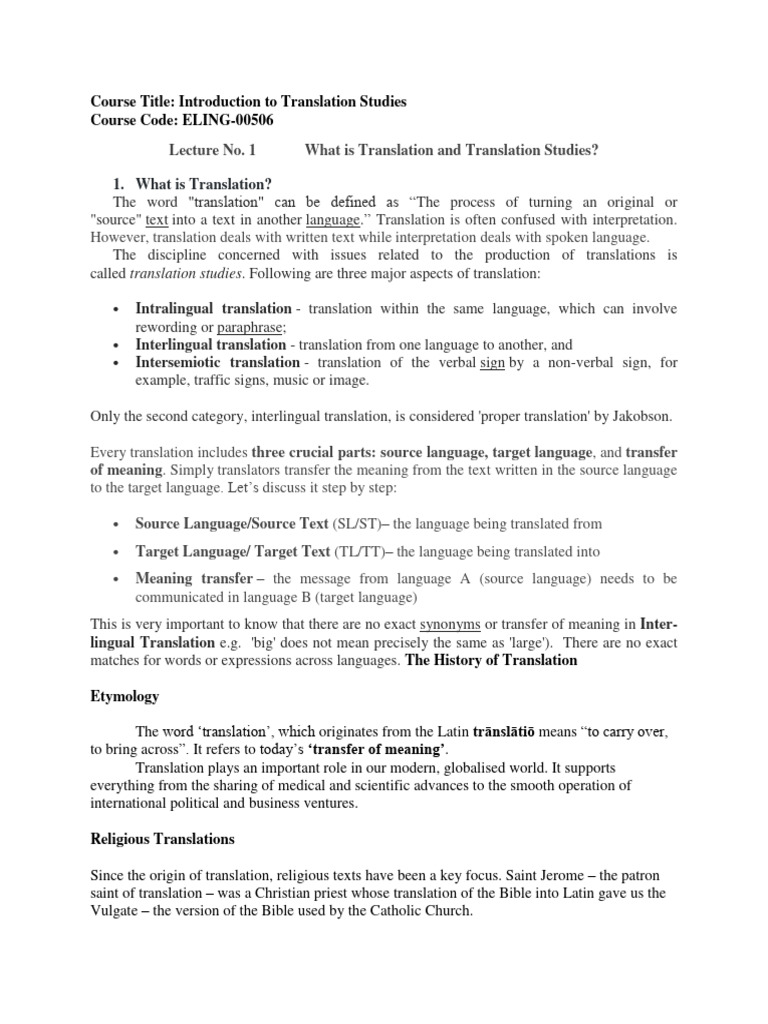 Lecture No. 1 Translation and Translation Studies | PDF | Translations ...