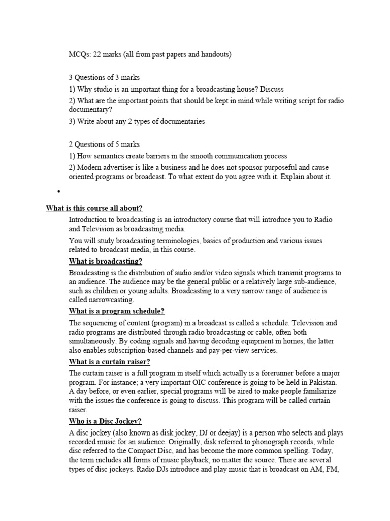 MCM411 VU Midterm Current Paper | PDF | Disc Jockey | Broadcasting MCM411 VU Midterm Current Paper | PDF | Disc Jockey | Broadcasting