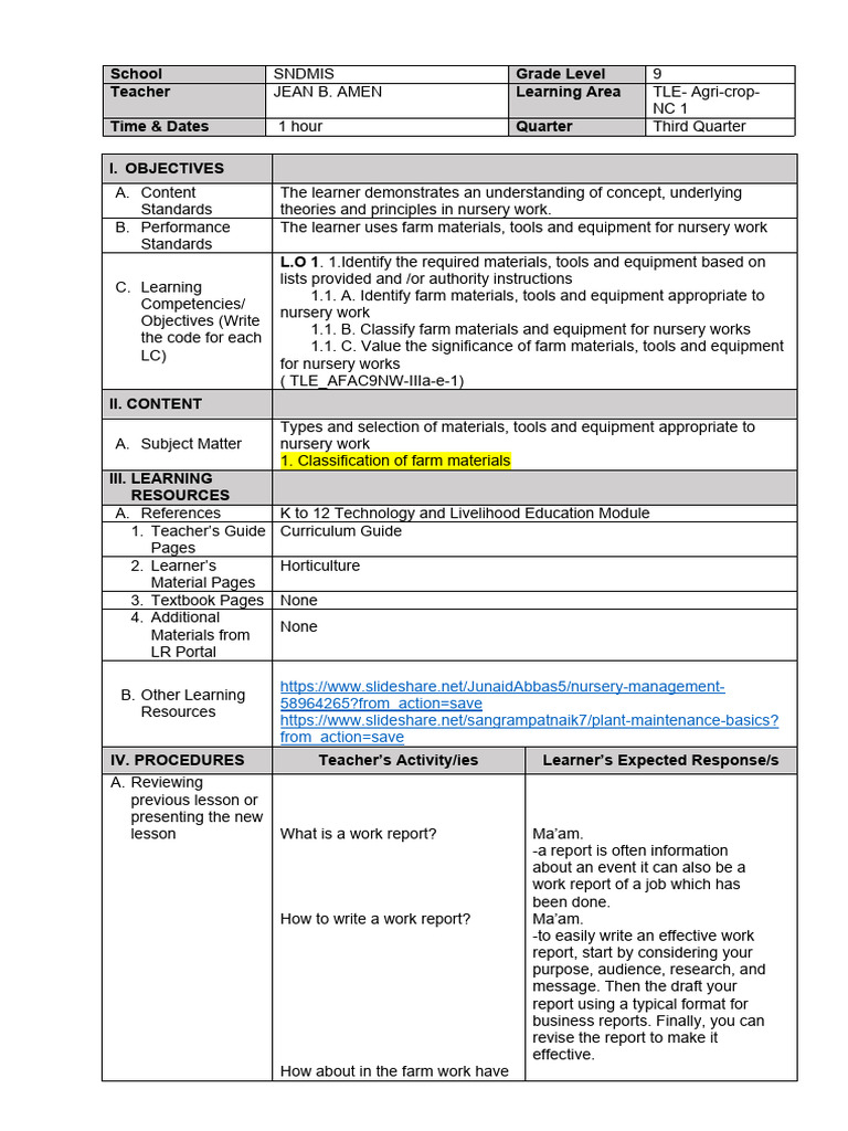 1 DLL Template TYPES AND SELECTION OF MATERIALS CLASSIFICATION OF TOOLS ...