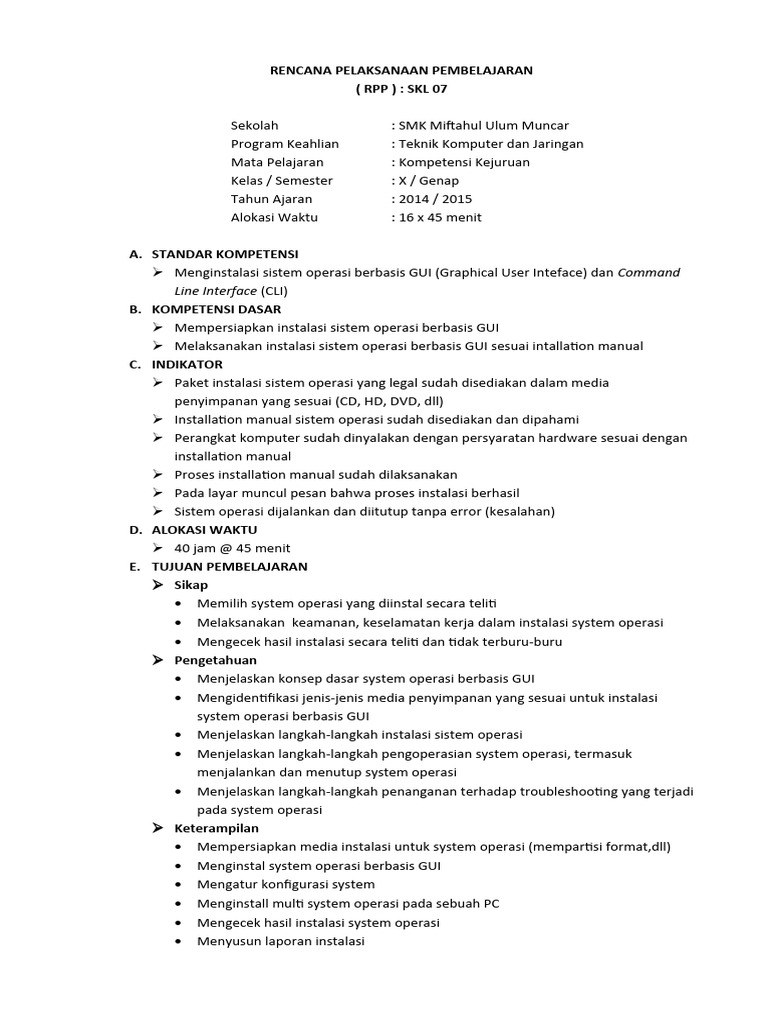RPP 07 - Menginstallasi Sistem Operasi Berbasis GUI Dan CLI | PDF