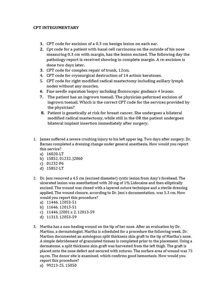 CPT Codes for Integumentary Procedures | PDF | Surgery | Wound