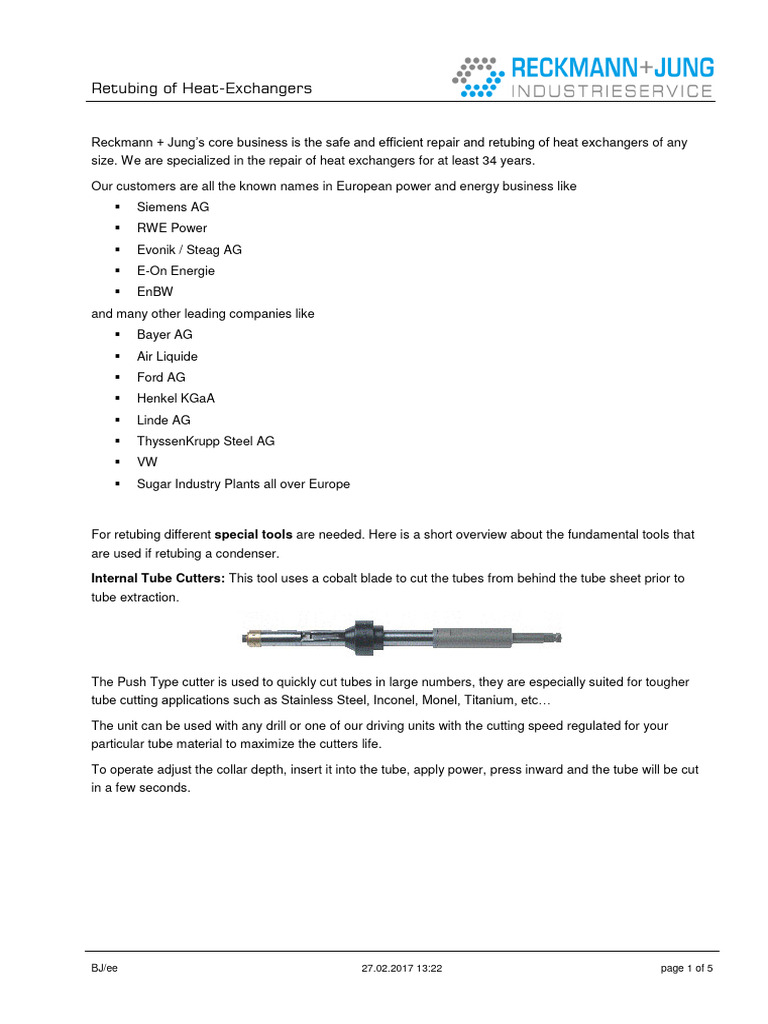 Retubing Process Description | PDF | Pipe (Fluid Conveyance) | Sheet Metal