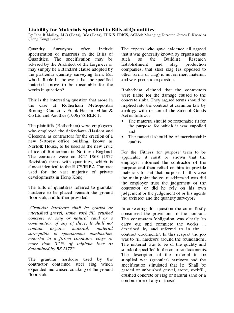 Liability For Materials Specified in Bills of Quantities | PDF ...