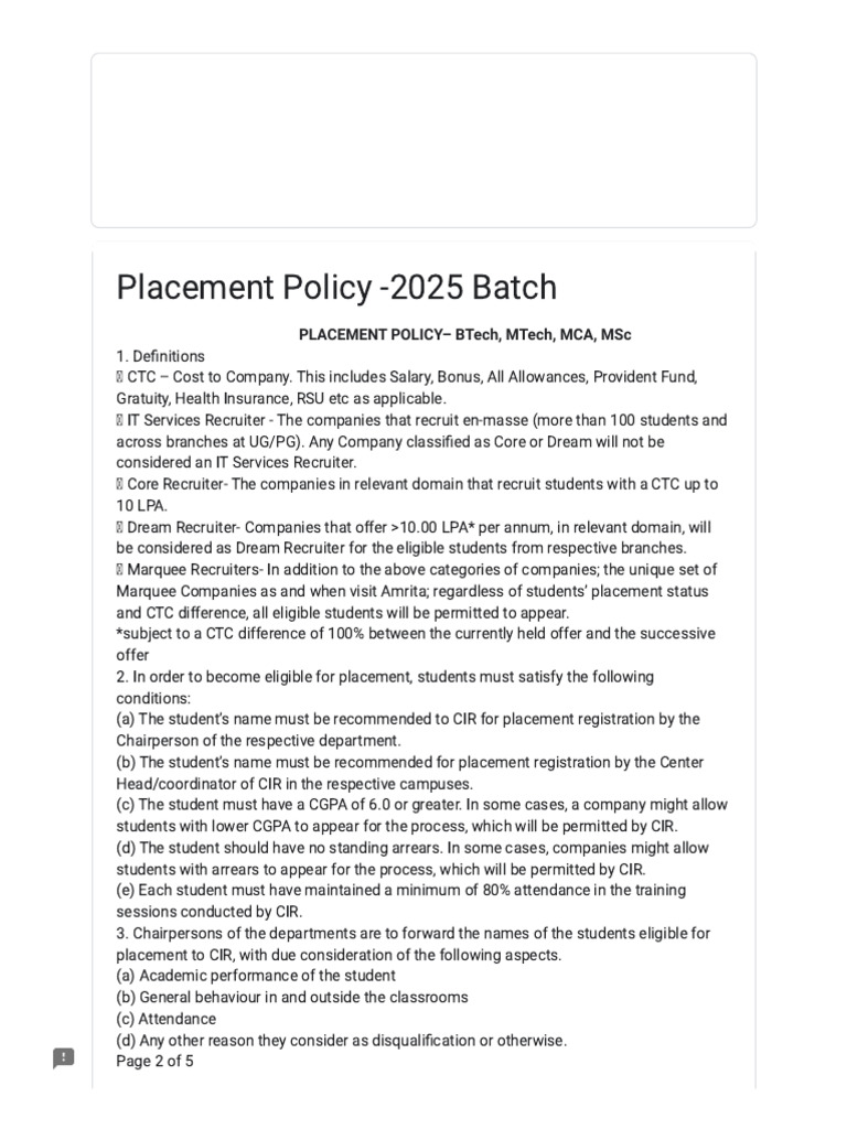 Placement Policy - 2025 Batch | PDF | Career & Growth | Business
