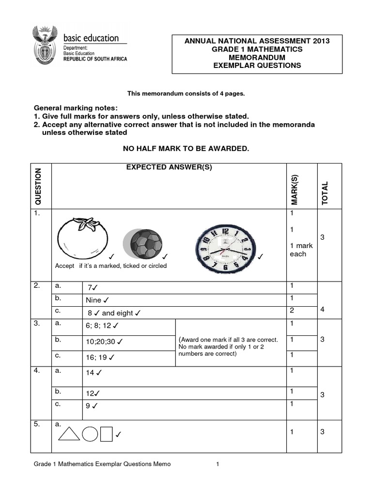 2013 Ana Grade 1 English Mathematics Exemplar Memo | PDF | Memorandum ...