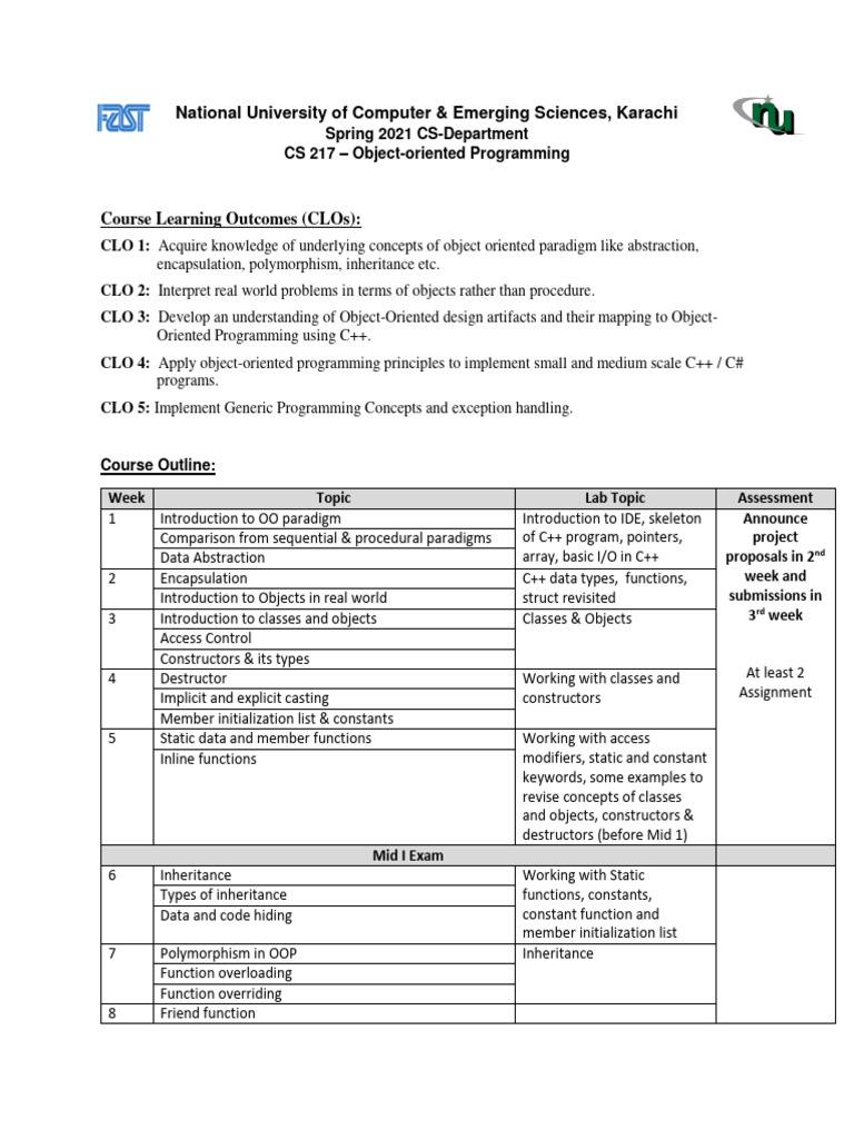 CS-217 - OOP - Course Outline - Spring 2021 | PDF | Object Oriented Programming | C++