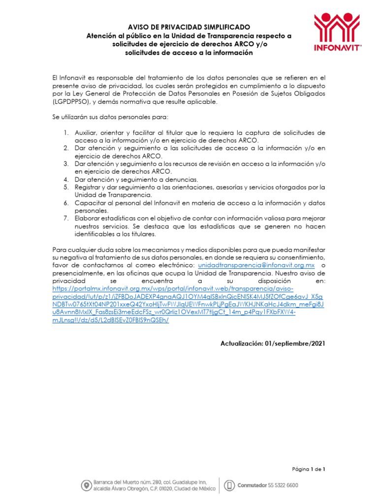 EJEMPLO DE AVISO DE PRIVACIDAD INFONAVIT - APS - VF - 12nov21 | PDF