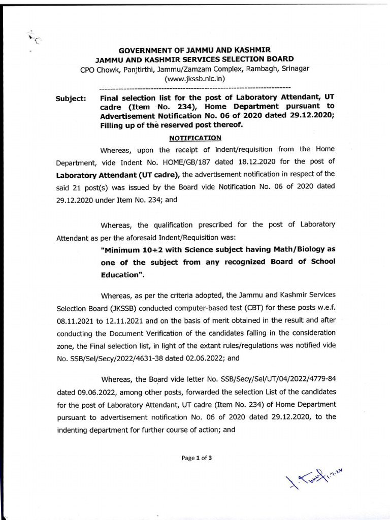 Final Selection List of Laboratory Attendant Home Department 01072024 | PDF