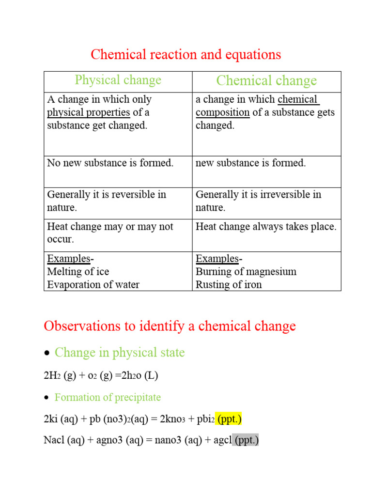 Chemical Reaction and Equations: Physical Change | PDF | Chemical ...