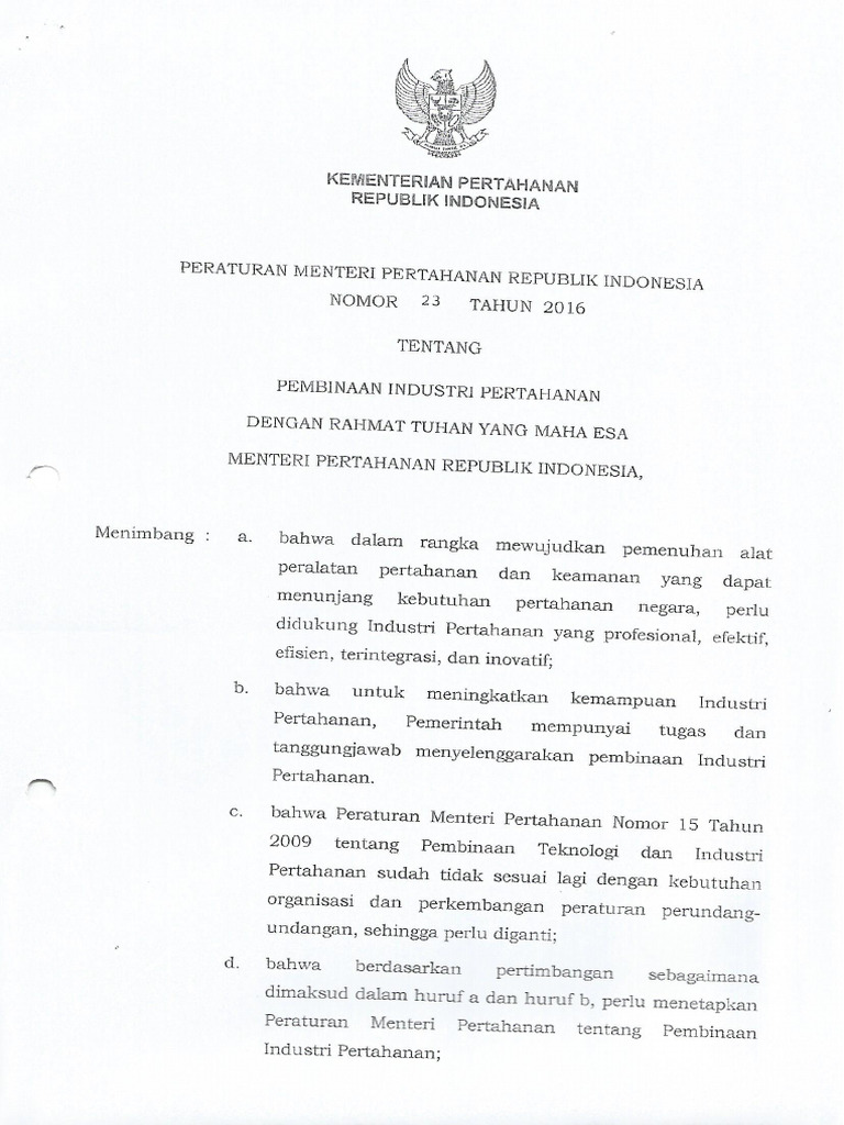 Permenhan No. 23 Tahun 2016 TTG Indhan | PDF