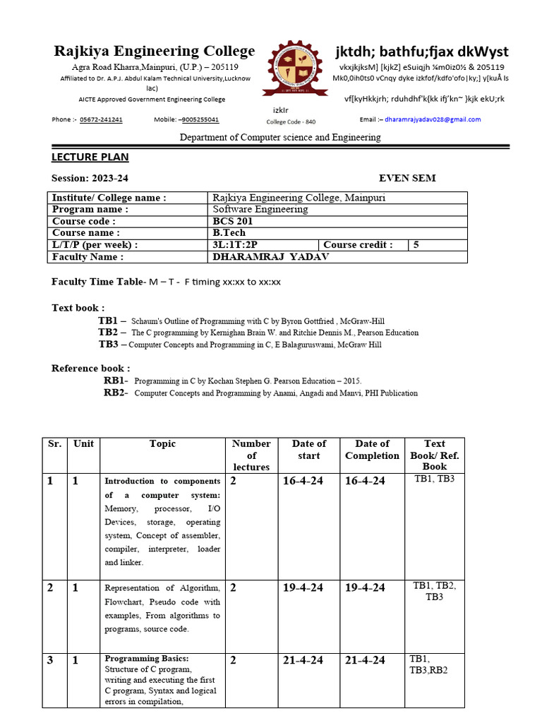 C Programming Lecture Plan Pdf C Programming Language Computer Program