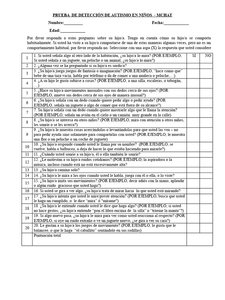 Test MCHAT para Detección de Autismo | PDF | Artes del Lenguaje y ...