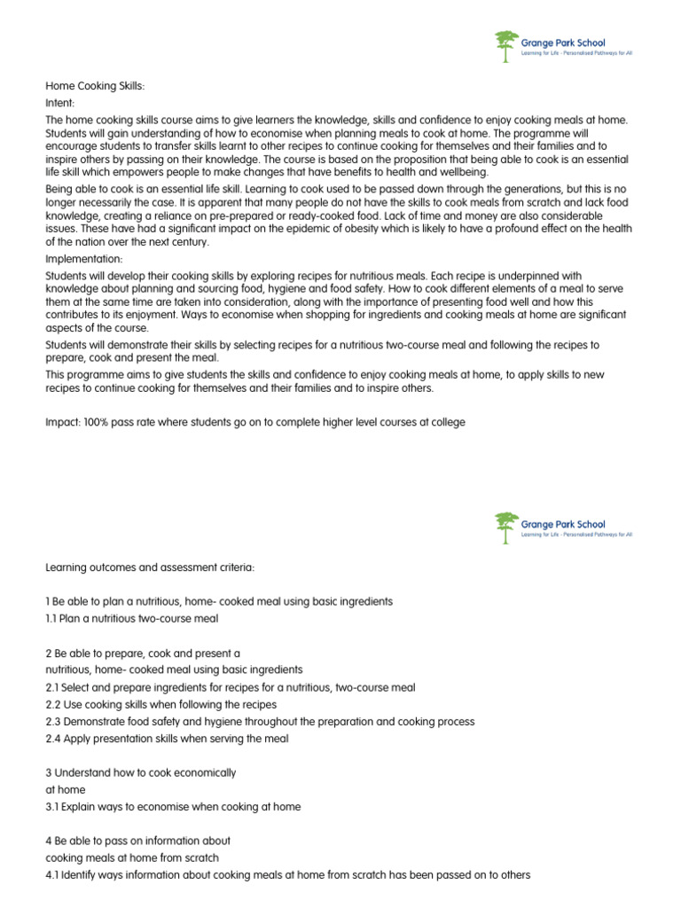 Homecooking SOW | PDF | Cooking | Learning