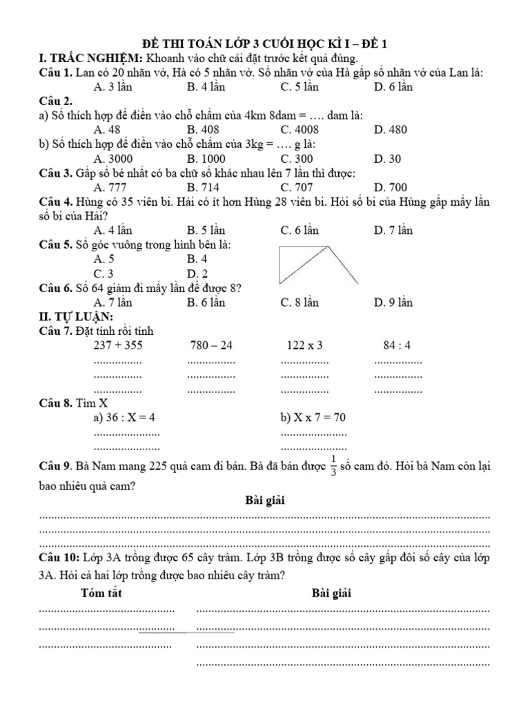 ĐỀ THI TOÁN+TV LỚP 3 CUỐI HKI | PDF