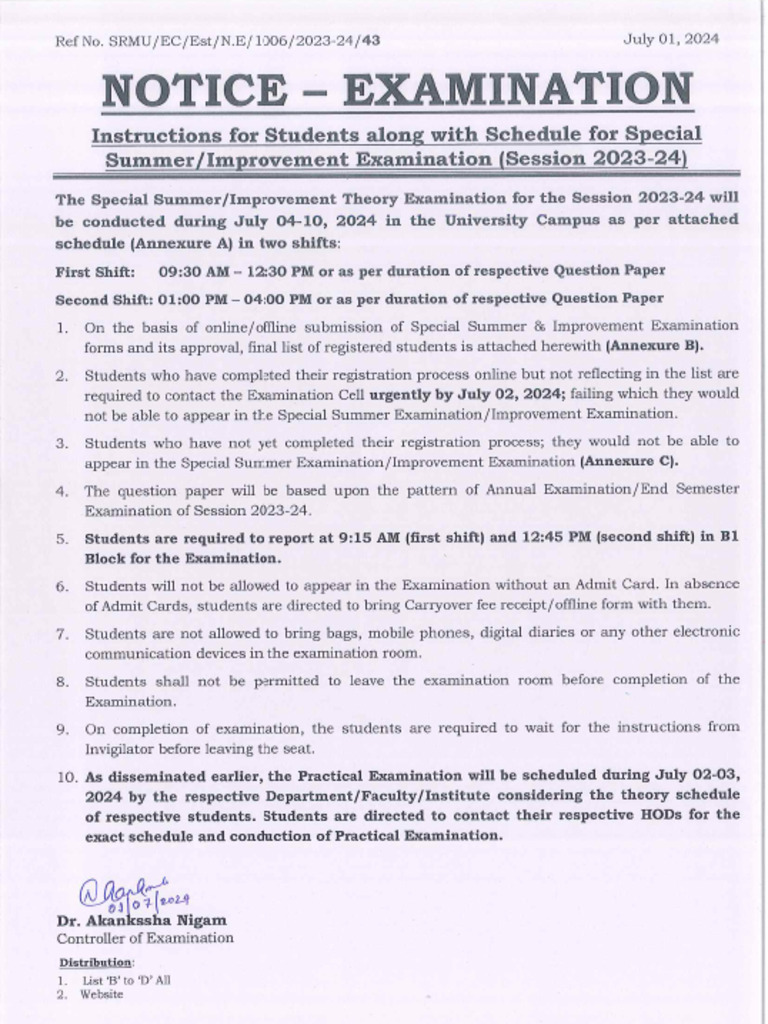 Notice 43_Instructions for Students Along With Schedule for Special ...