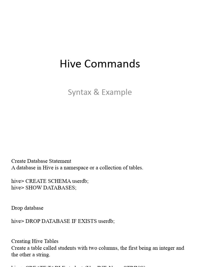 Hive Commands Syn | PDF | Database Index | Table (Database) Hive Commands Syn | PDF | Database Index | Table (Database)