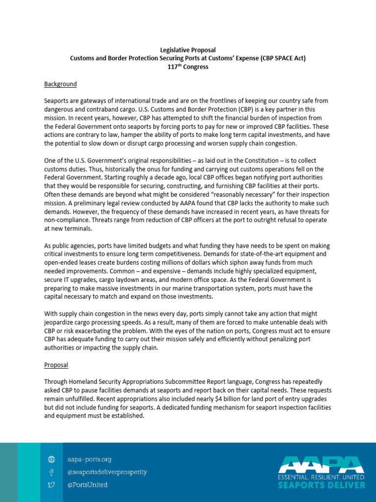AAPA Legislative Proposal CBP SPACE Act | PDF | U.S. Customs And Border ...