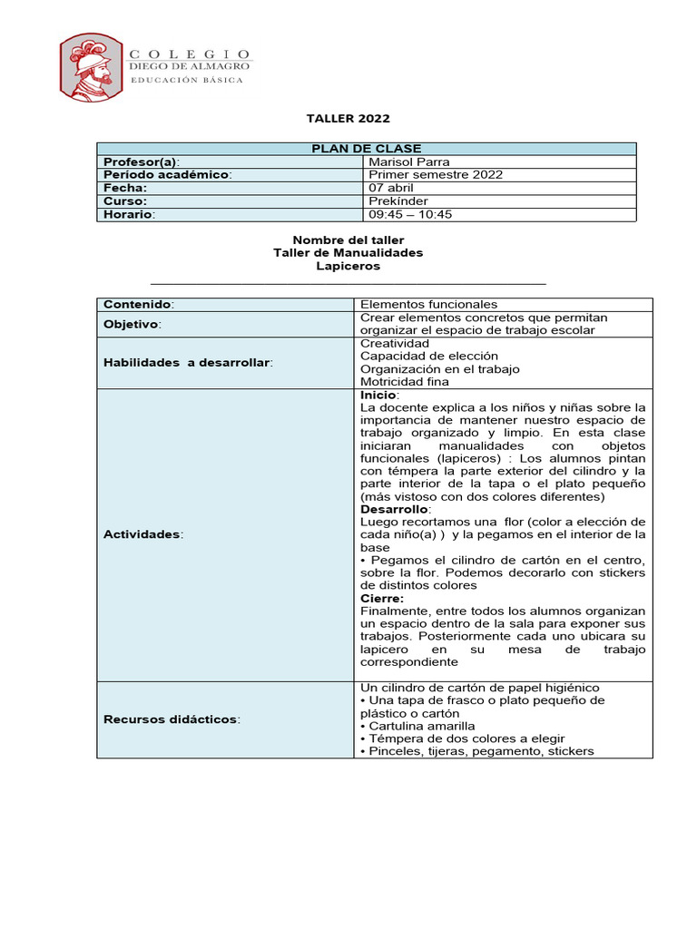 Planificación Taller Manualidades Abril 2022 Pdf Educación De La