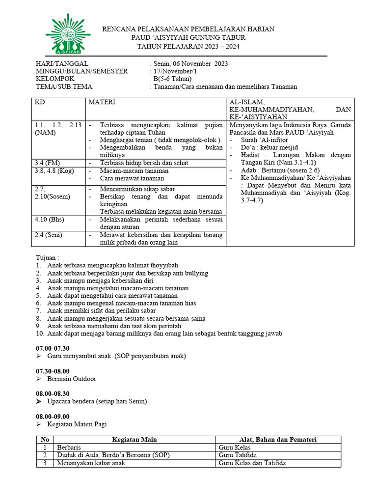 RPP Harian PAUD 'Aisyiyah | PDF