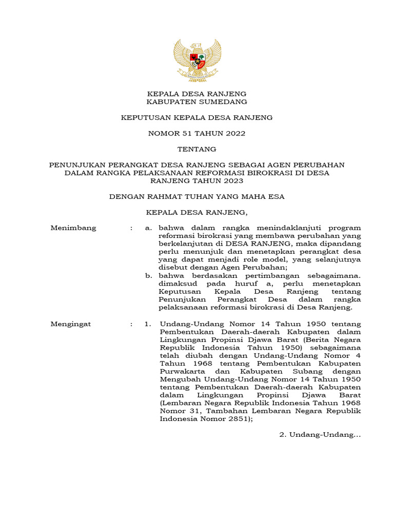 SK Penunjukan Perangkat Desa Ranjeng Sebagai Agen Perubahan | PDF