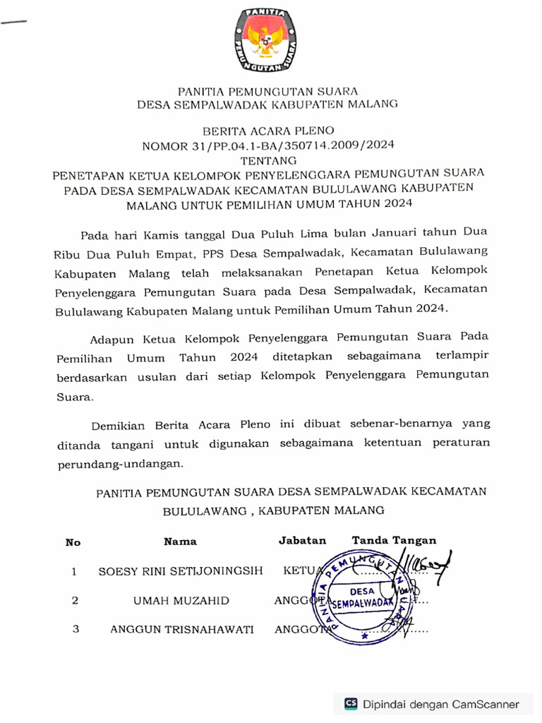 BA PPS Tentang Penetapan Ketua KPPS 25 Januari 2024 | PDF